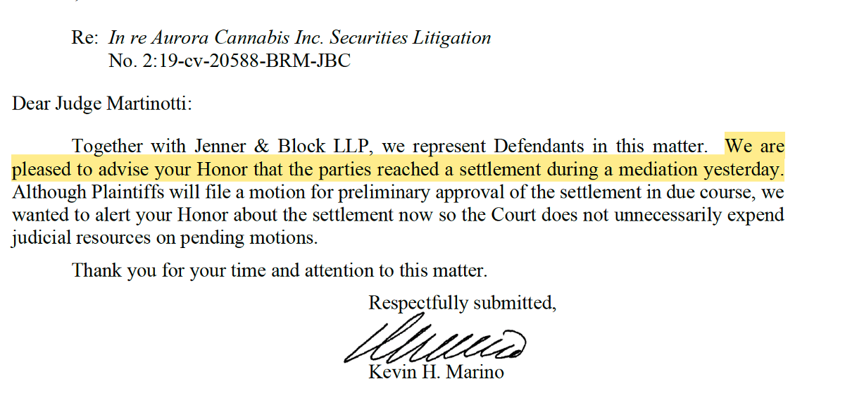 Aurora Cannabis (ACB) Investor Settlement